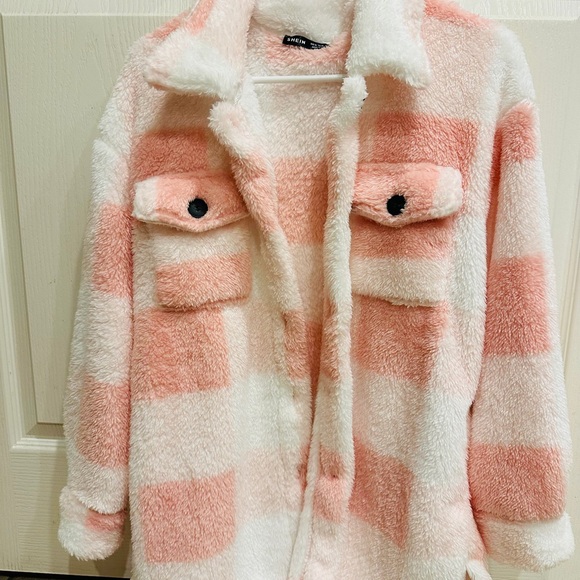 SHEIN | Jackets & Coats | Shein Pink And White Plaid Puffer Jacket ...